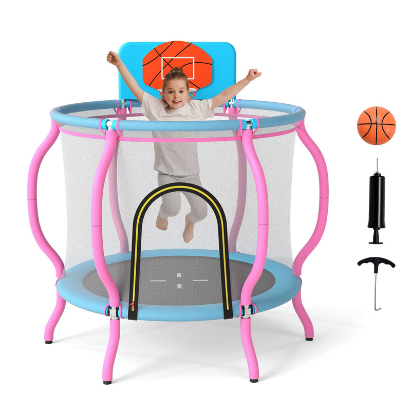 120cm Kids Trampoline with Basketball Hoop and Tall Enclosure Net ...