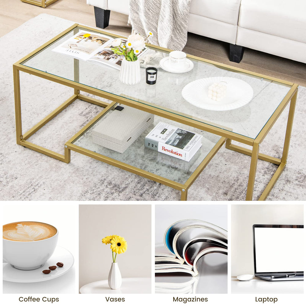 Giantex Modern 2-Tier Coffee Table, Rectangular Accent Table with Gold ...