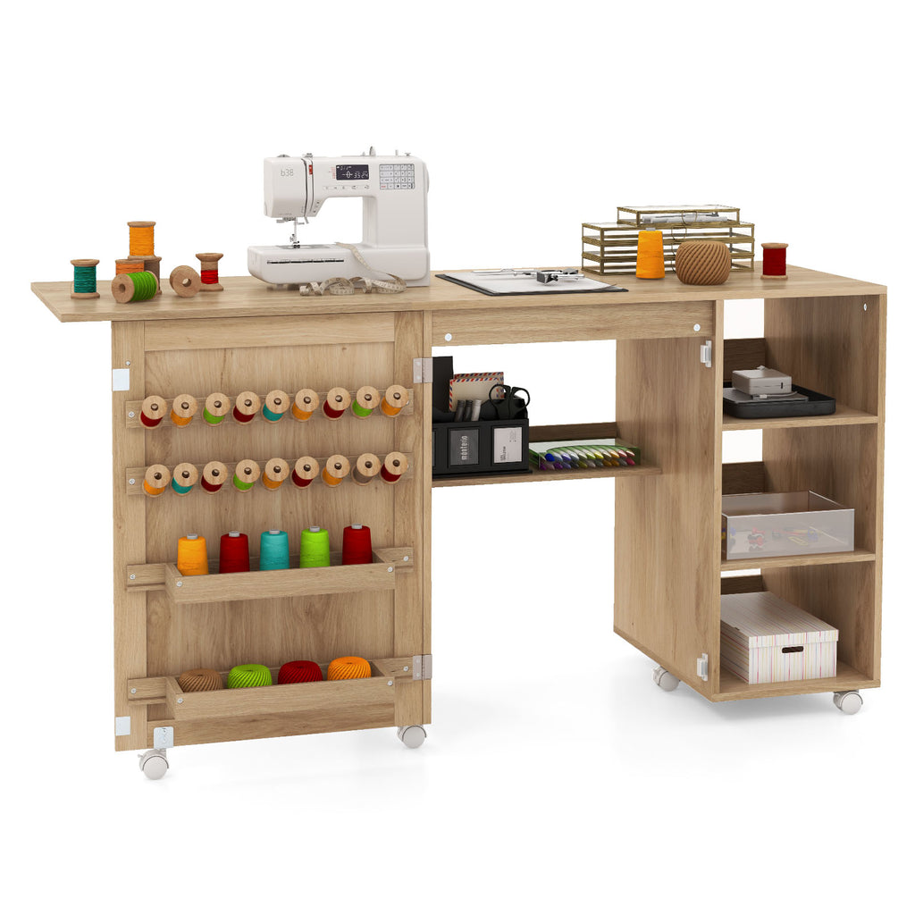 Folding Sewing Table with Rattan Door, Multipurpose Sewing Machine Cra ...