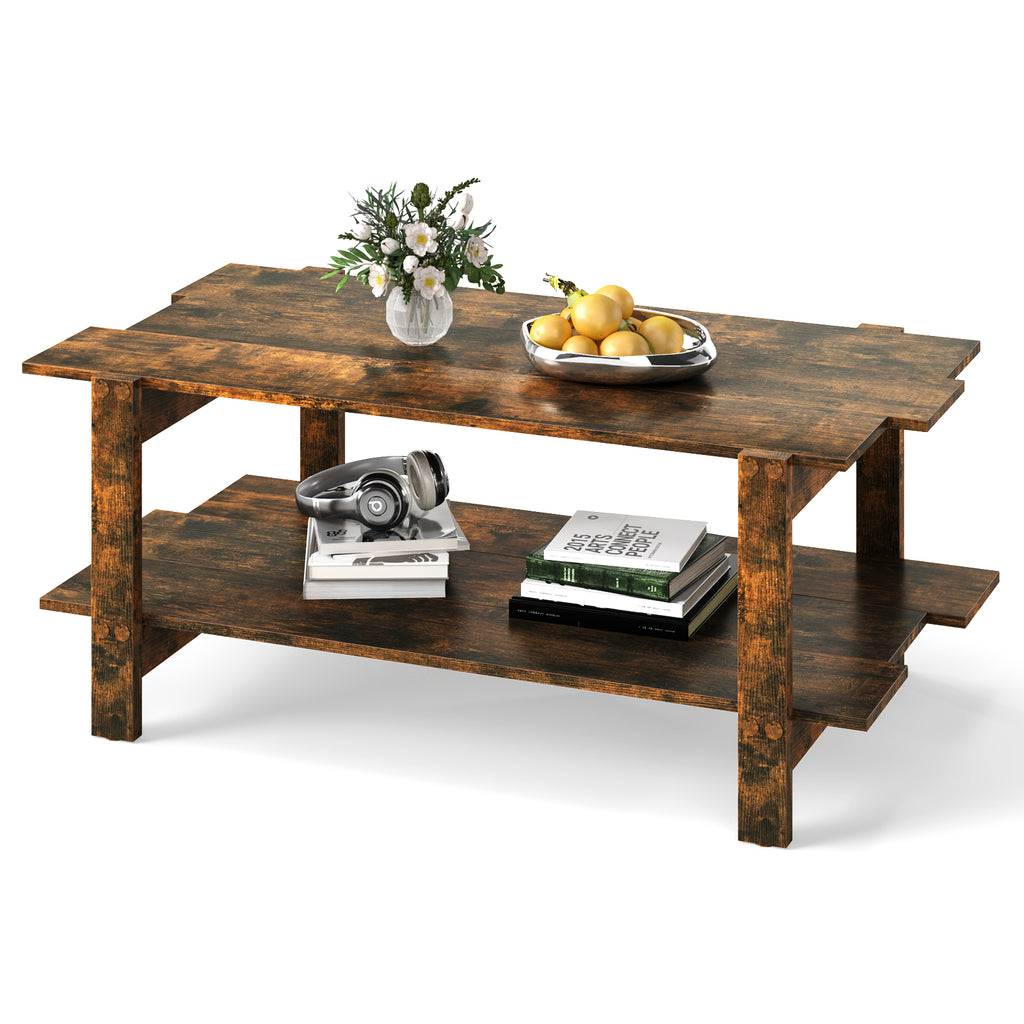 2-Tier Coffee Table, Slatted Wood Center Table with Storage Shelf ...