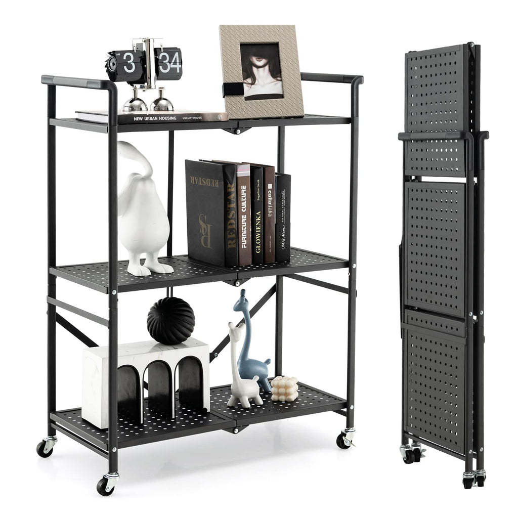 Giantex Foldable Storage Shelves on Wheels, 3-Tier Heavy-Duty Steel Ra ...