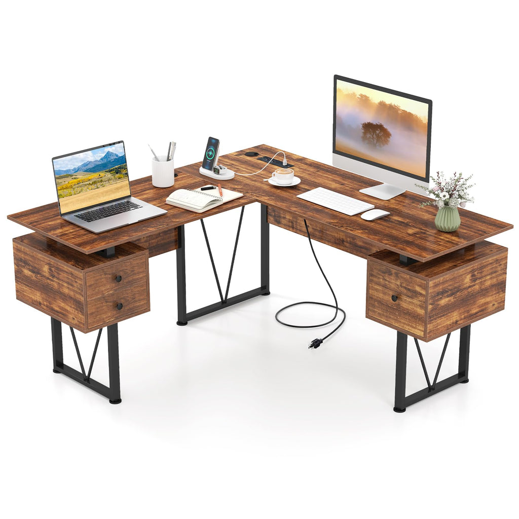 Giantex L-Shaped Computer Desk with Power Outlets, 150cm Corner Desk w ...