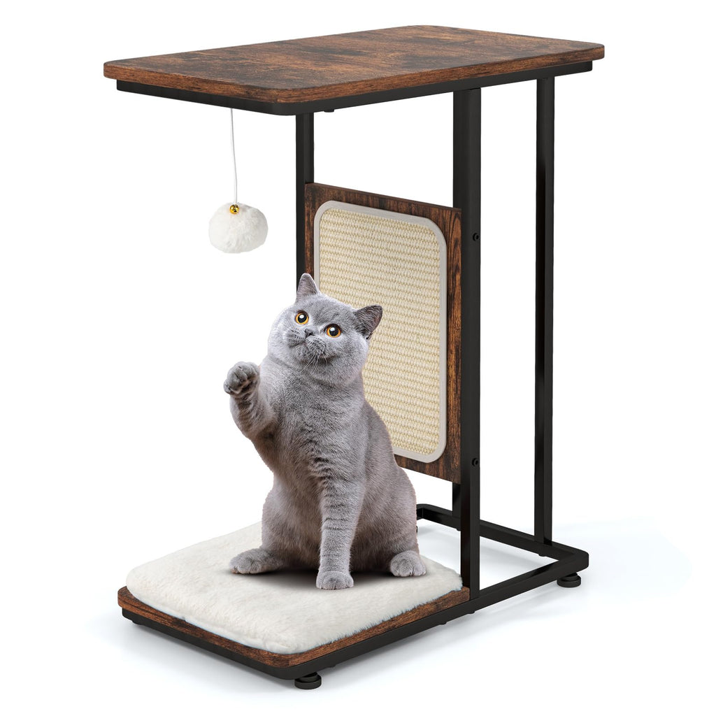Cat Tree & End Table, C-Shaped Cat Side Table w/Scratching Board ...