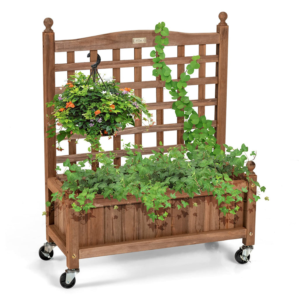 Giantex Mobile Plant Raised Bed, Solid Wood Planter Bed w/ High Lattic ...