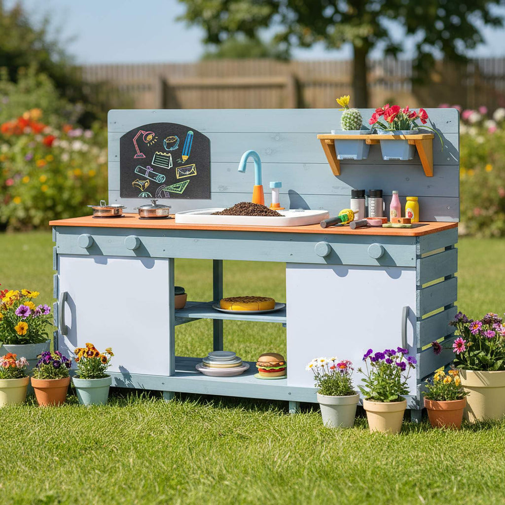Outdoor Kids Play Kitchen, Wooden Kitchen Playset w/Sliding Doors ...