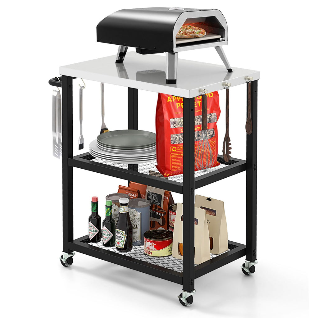 3-Tier Outdoor Grill Cart on Wheels, Pizza Oven Stand Trolley w/Stainl ...