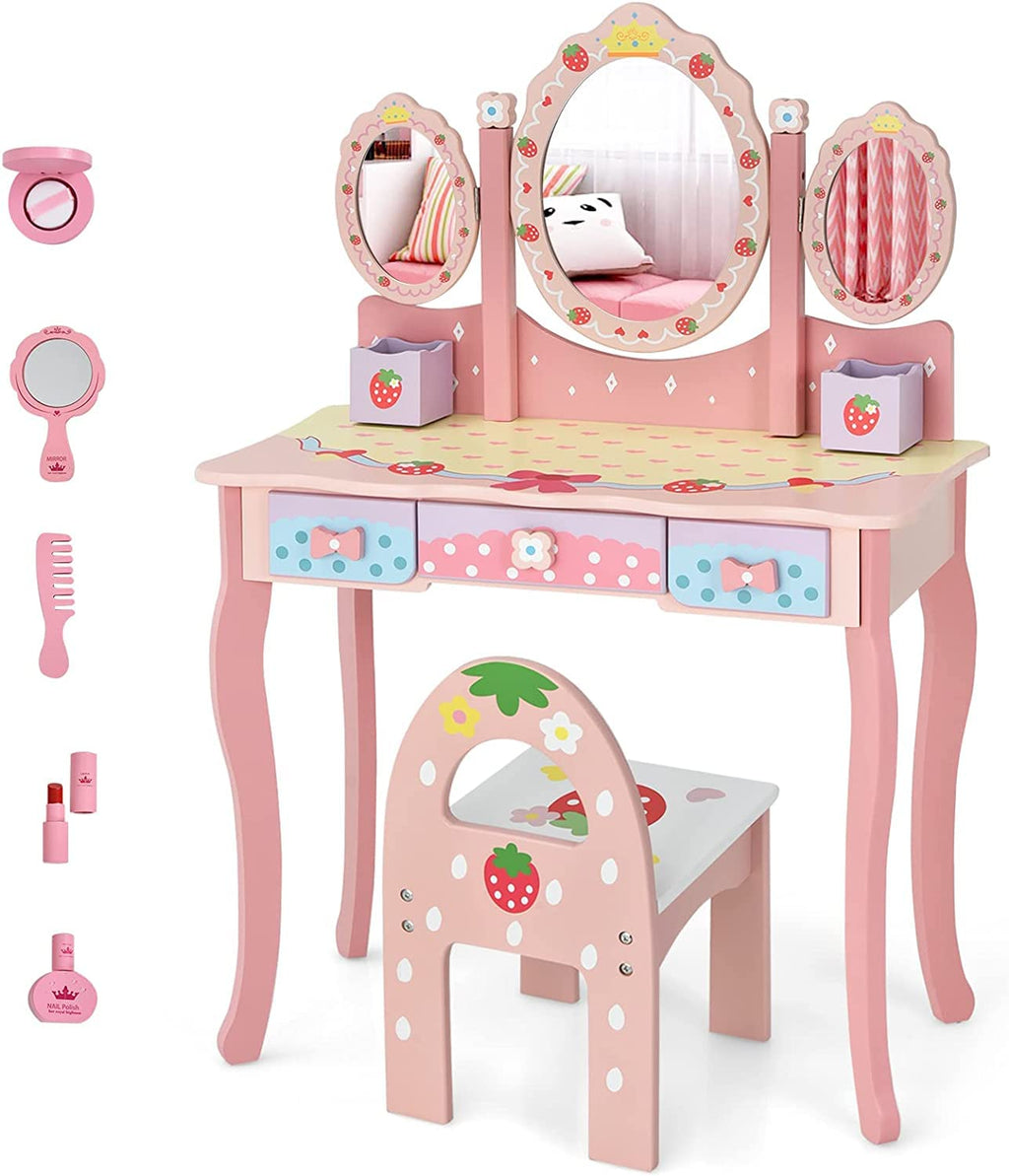 Kids Princess Vanity Table & Chair Set with 360° Rotating Mirror ...