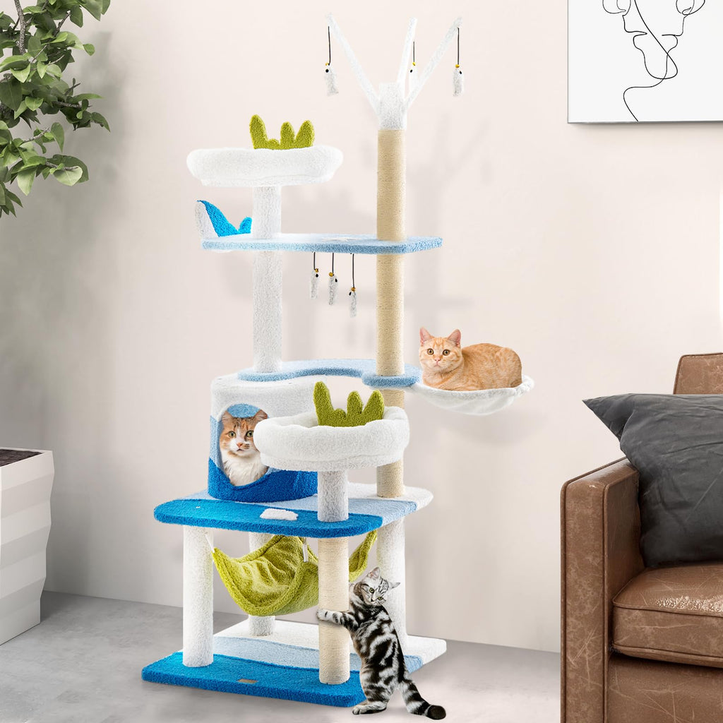 Ocean-Themed Cat Tree, Multi-Level Cat Tower w/Sisal Covered Scratchin ...
