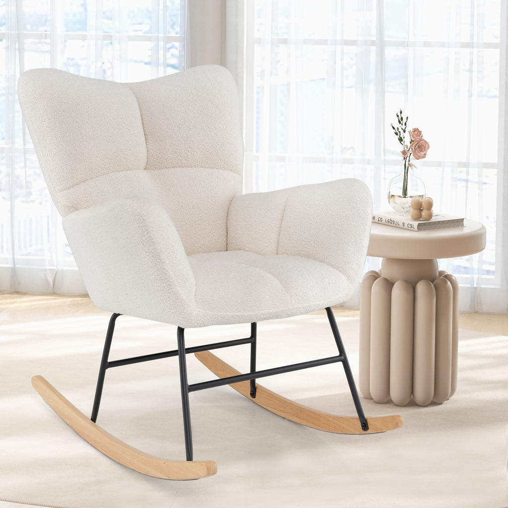 Teddy Fleece Fabric Upholstered Glider Chair Rocking Chair w/ Comfy Ba ...