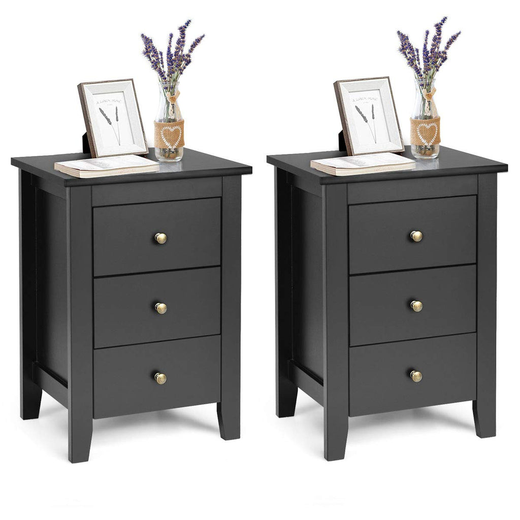 Giantex 2Pcs Bedside Table, Nightstand w/ 3 Drawers & Solid Wood Legs ...
